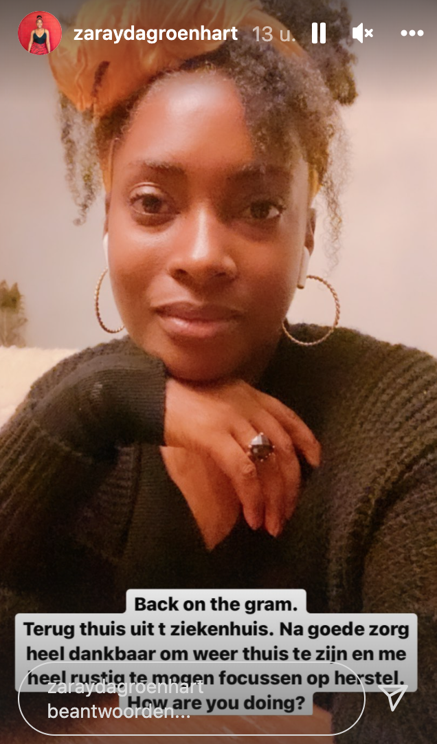 Zarayda Groenhart weer thuis na ziekenhuisopname met corona